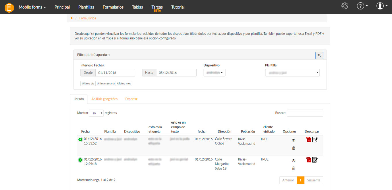 Funcionalidades app toma de datos